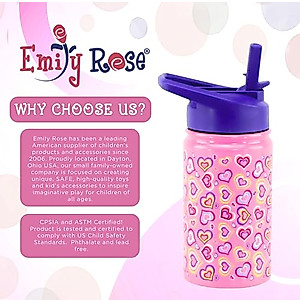 Emily Rose Kids Water Bottle | 12 Ounce Insulated Water Bottle for Kids | BPA Free Stainless Steel Bottle for Travel and School | Leak Proof Kids Water Bottle with 2 Straws (Playful Hearts Design)