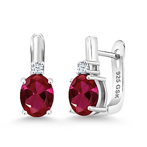 Gem Stone King 925 Sterling Silver Red Created Ruby and White Zirconia Earrings For Women (4.09 Cttw, Gemstone July Birthstone, Oval 9X7MM)