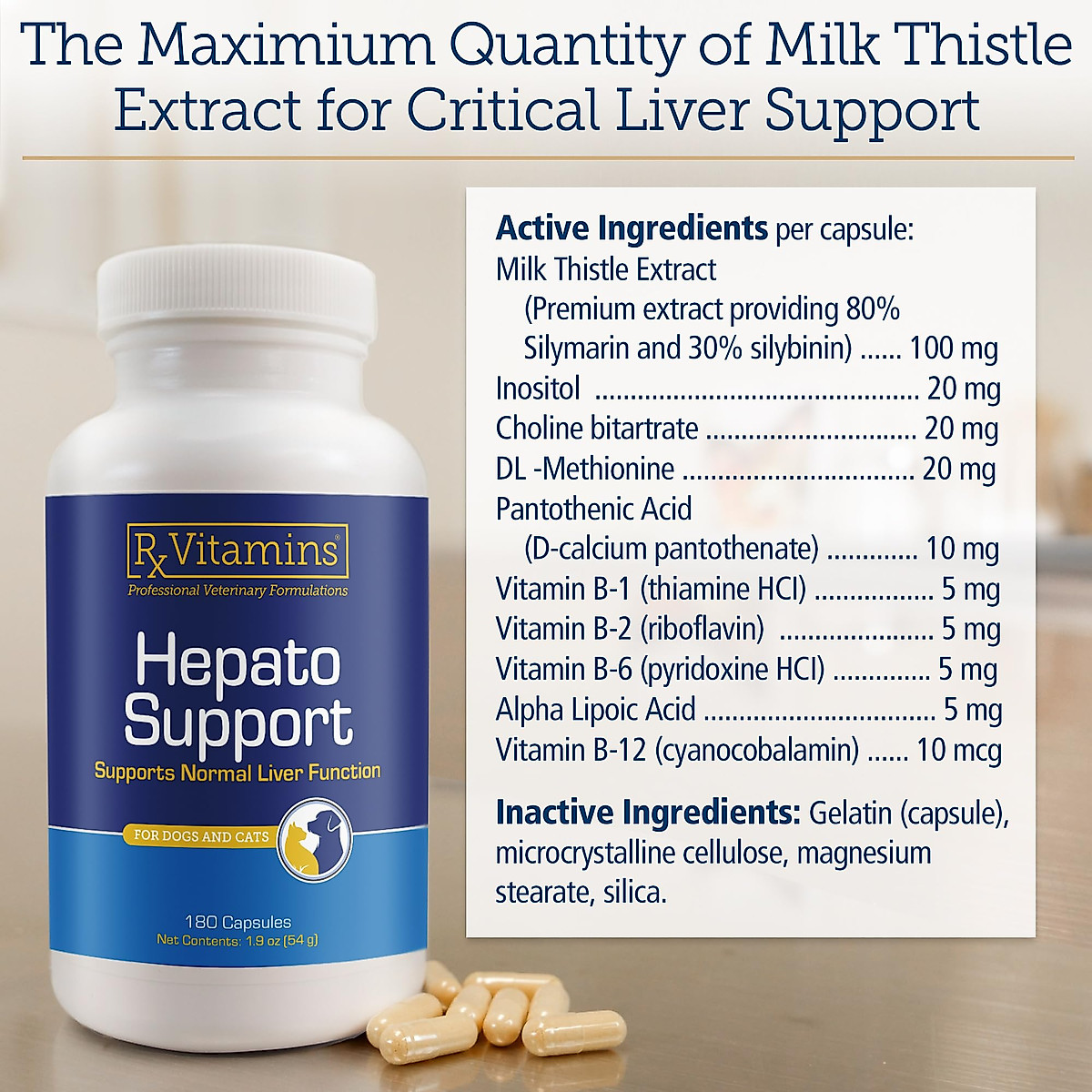 Rx Vitamins Hepato Support for Dogs & Cats - Liver Support Supplement with Milk Thistle for Dogs and Cats - Hepatic Dog Supplement Enriched with Vitamin B Complex - 180 Capsules