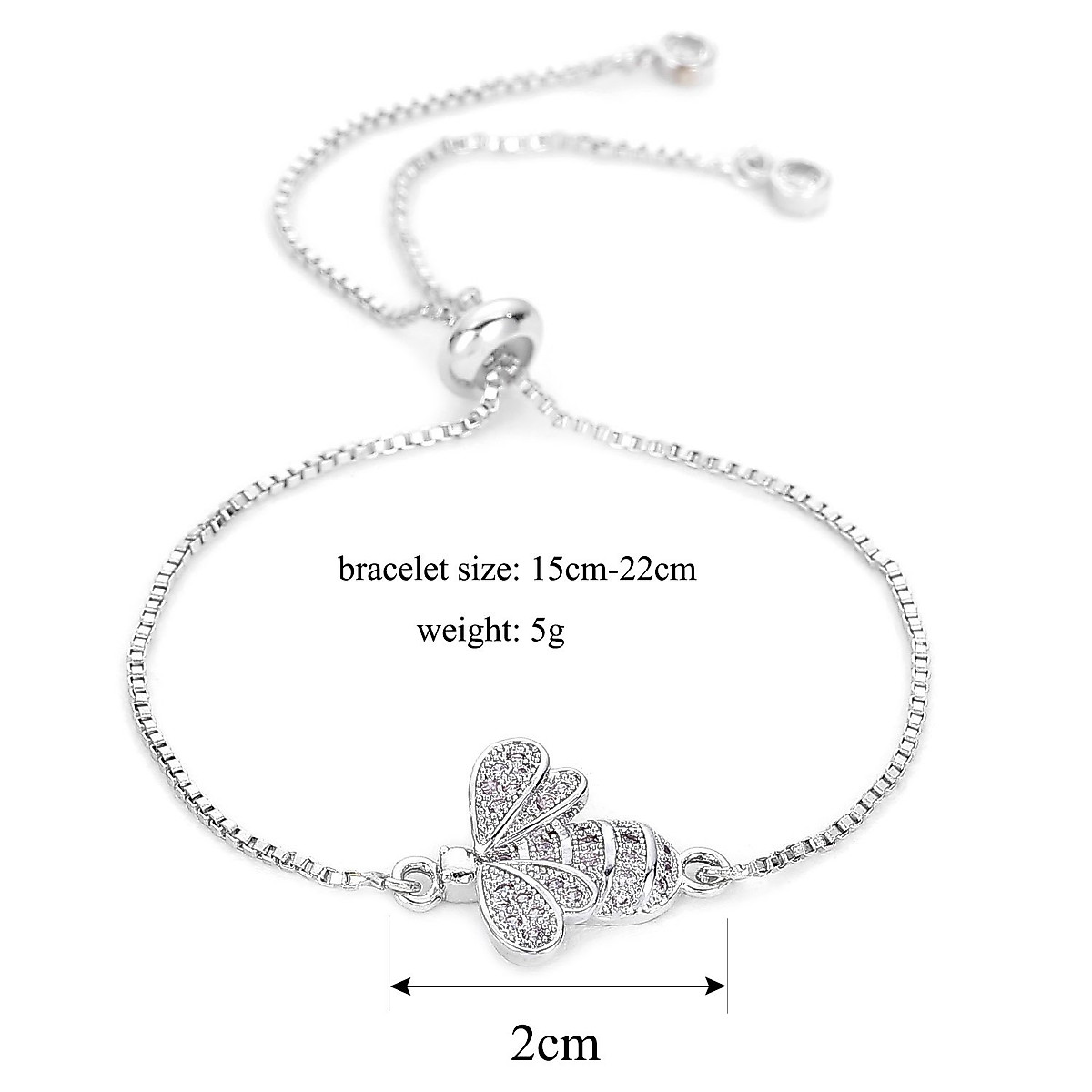 Lepida Micro Pave Bee Pendant Womens Bracelets with Adjustable Box Chain Crystal Diamond CZ Honeybee Jewelry for Her Gift, Rose gold