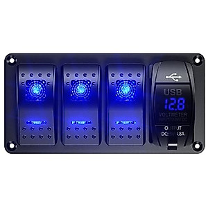 3 Gang Rocker Switch Aluminum Panel with Voltmeter & Dula USB Charger (4.8 Amp) 12V/24V DC Rocker Switch with Night Glow Stickers, Waterproof for Marine, Boat, Car, Truck, Jeep (Blue)