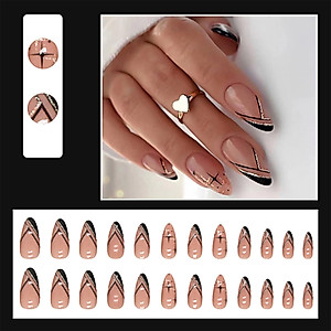 24 PCS French Tip Press on Nails Medium Almond Shape False Nails Gold Glitter Full Cover False Nails with Black Gold Line Star Design Artificial Fingernails for Women Girls Acrylic Manicure Decoration