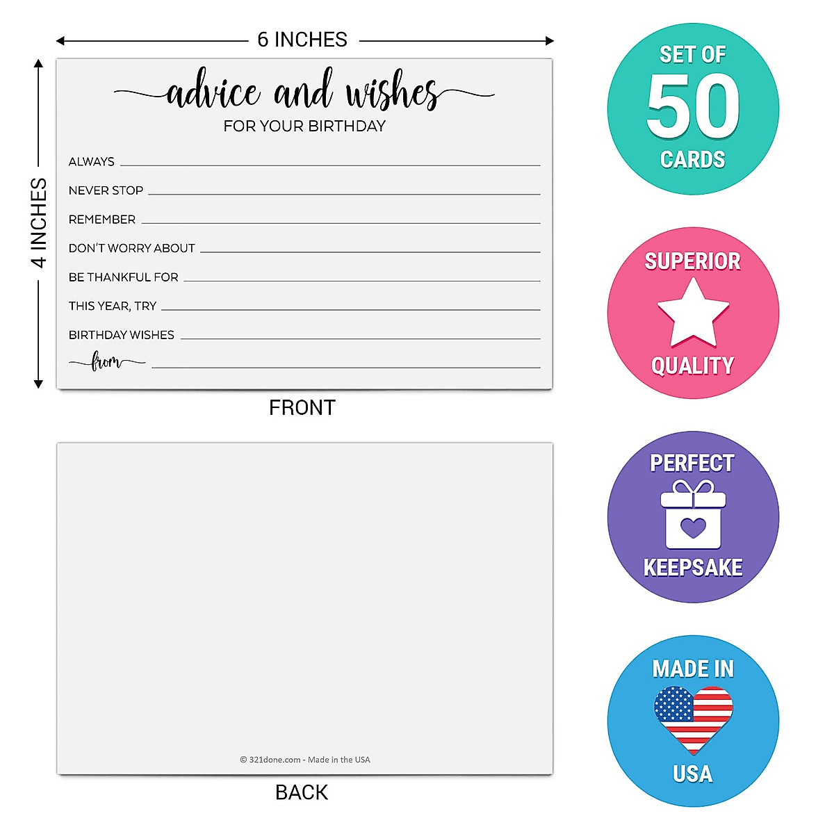 321Done Birthday Wishes and Advice (50) 4x6" White Cards - Good Advice, Best Wishes, Memories Cards - Bday Party Idea Activity - Sweet 16, 30th, 40th, 50th - Fun Ad Lib Prompts - Made in USA