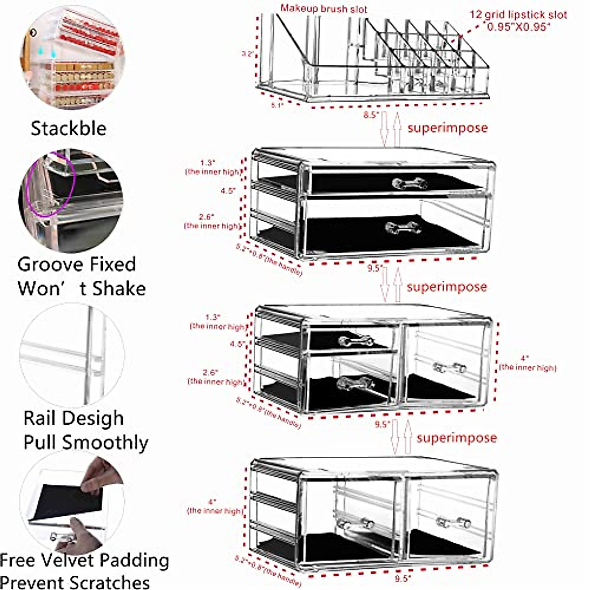 Cq acrylic Makeup Organizer Skin Care Large Clear Cosmetic Display Cases Stackable Storage Box With 7 Drawers For Vanity,Set of 4