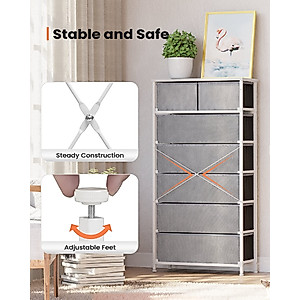 Pellebant Dresser for Bedroom with 7 Drawers, Tall Dresser Vertical Storage Tower, Sturdy Metal Frame, Fabric Storage Bins with Wooden Handle, Wooden Top, Organizer Unit for Closet/Hallway, Light Grey