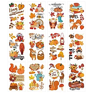 65 Pieces Fall Temporary Tattoos for Kids, 12 Sheets Autumn Harvest Thanksgiving Temporary Tattoo Stickers With Pumpkin Maple Leaves Squirrels Deer Design for Fall Party Decorations Favors Festival