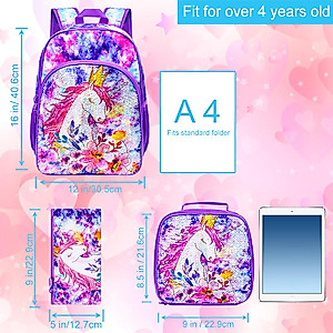CCJPX 3PCS Girls Backpack, 16” Kids Unicorn Sequin Bookbag and Lunch Box for Kindergarten Elementary
