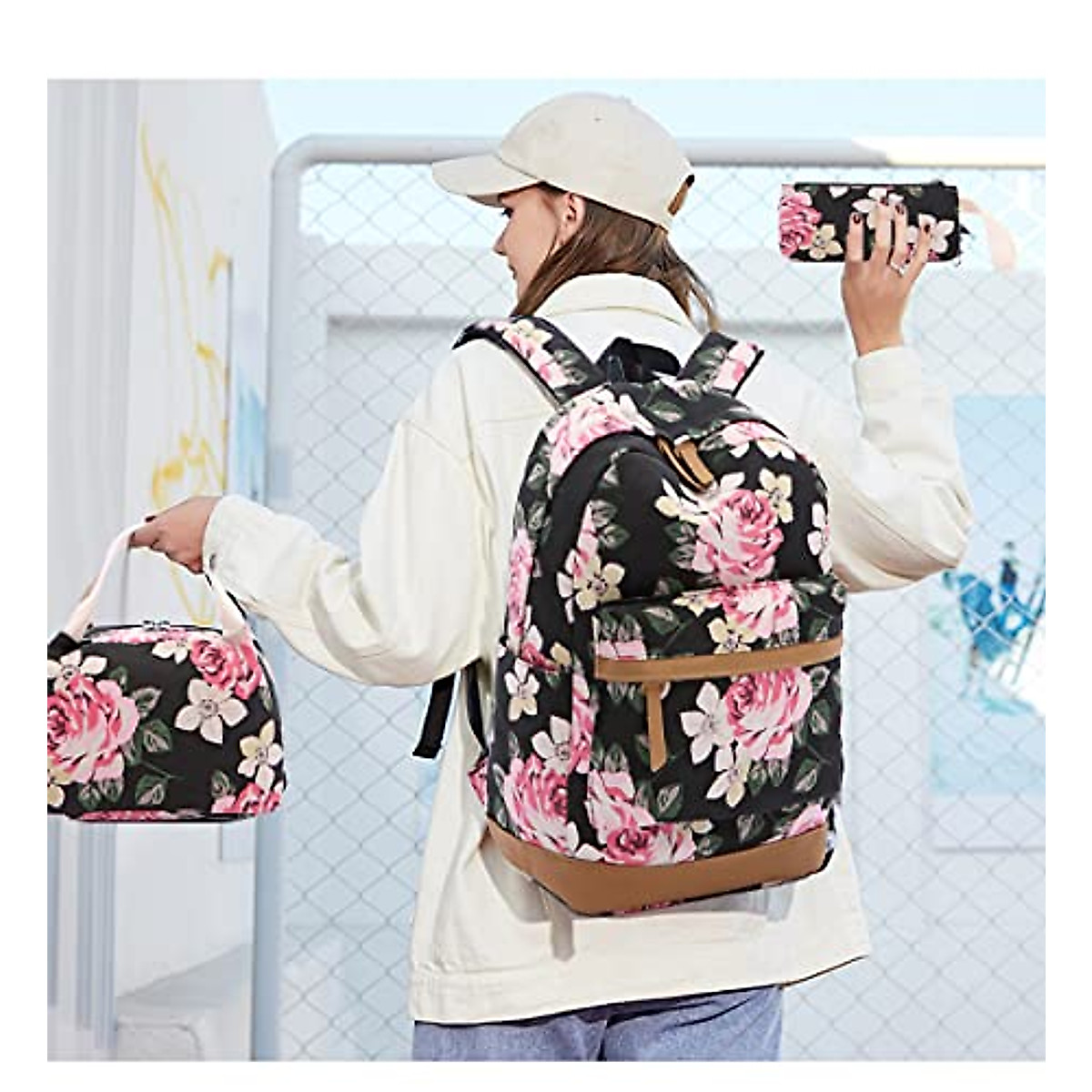 Lmeison Backpack and Lunch Bag Set for Girls College Backpack Floral Bookbag for Girls Backpack with Lunch Box Kawaii Backpack Travel Backpacks for Women Teens School Bag Aesthetic, Black
