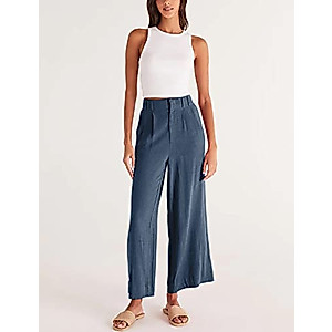 Tanming Linen Pants Women Summer Wide Leg High Waisted Work Pants Palazoo Trousers (NavyBlue-XL)