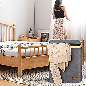 KMIGRUAN 85L Laundry Hamper with Lid, Bamboo Laundry Hamper with Handle, Grey Clothes Hamper for Bedroom, Bathroom and Closet Storage of Clothes and Towels