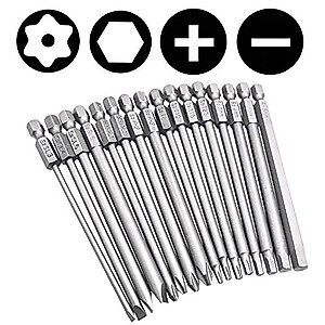 Yakamoz 16Pcs 4-in-1 Multi Long Magnetic Screwdriver Bit Set with 1/4" Hex Shank Drill Screw Driver Bits Power Tools Kit (Hex Head Allen Wrench, Torx Security, Cross Phillips & Flat Head Slotted Tip)