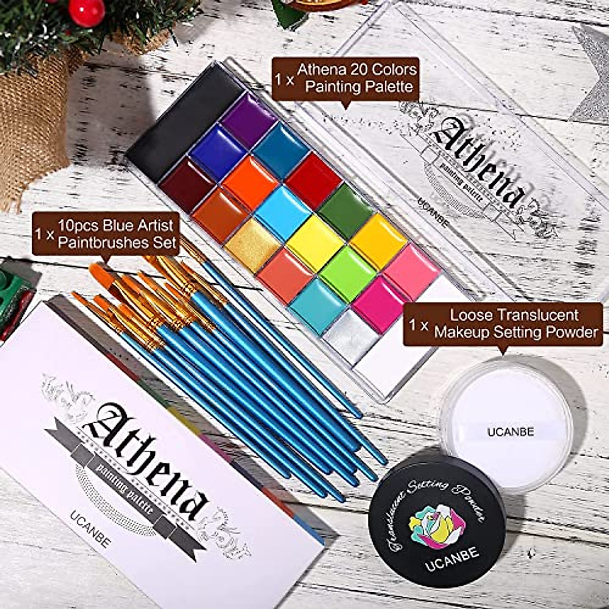 UCANBE Athena Face Body Paint Oil Palette + Translucent Setting Powder + 10PCS Brushes Set, Professional Non Toxic Face Painting Pallet Kit for Halloween SFX Cosplay Clown Makeup for Women Adults