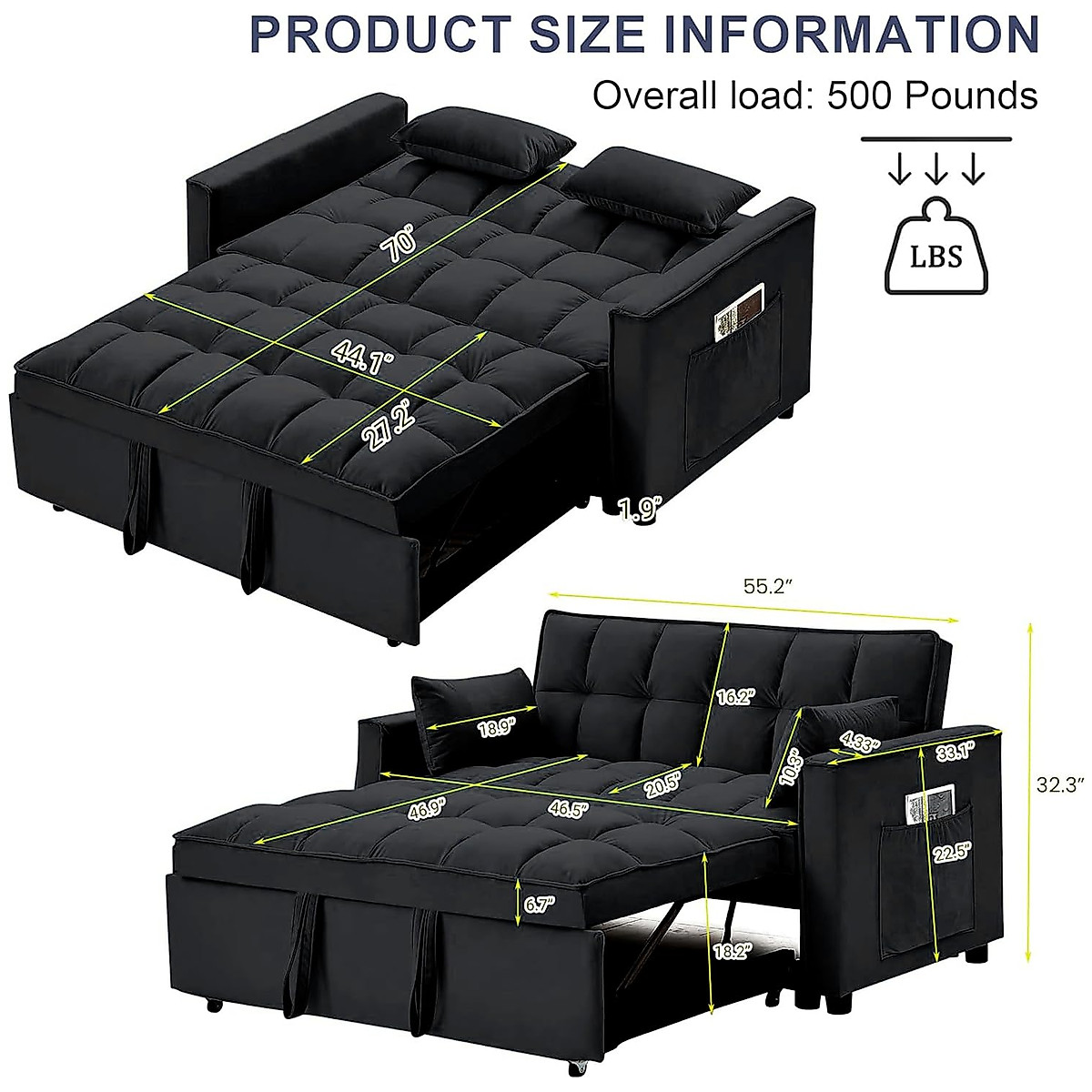 SumKea 55.2'' Pull Out Couch 2-Seater Sleeper Loveseat, 3-in-1 Reclining Sofa Bed, Futon Adjustable Backrest with Pillows, Pockets, Couch for Living Room Apartment Lounge, Black