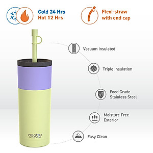 asobu Sippy Double Wall Stainless Steel Tumbler with Silicone Flexible Straw, 20 Ounces (Pastel Yellow)