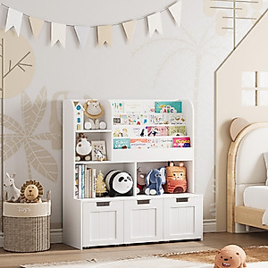 GarveeHome Large Toy Storage Organizer with 3 Movable Drawers,Kid's Bookshelf with 4 Storage Cubbies and 4 Layer Sling Bookcase,Toy Chest for Kids Room,Playroom,Classroom,Nursery, White