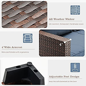 VONZOY Wide Armrest Outdoor Patio Furniture Set, 5 Piece Patio Sectional Sofa with Storage Table for Backyard, Porch, Balcony, Poolside(Navy Blue)