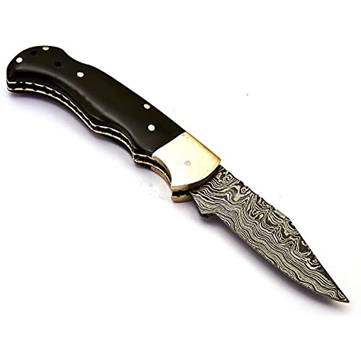 Skokie Knives Custom Hand Made Damascus Steel Hunting Folding Knife Handle Bull Horn