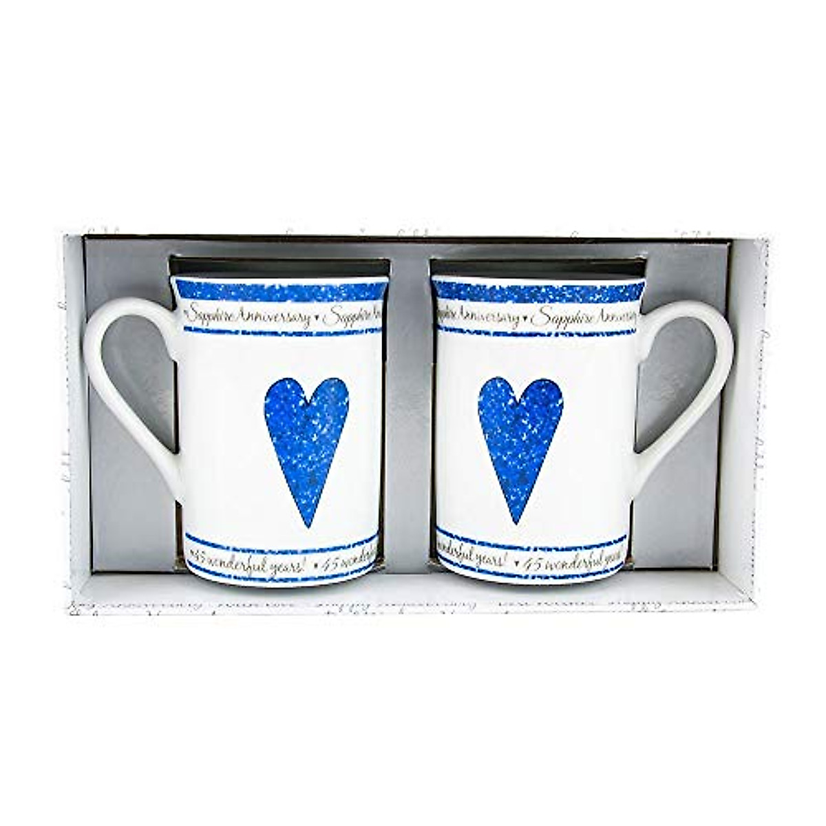 Beautifully Designed 45th Sapphire Wedding Anniversary Set of Ceramic Mugs with Hearts | Dishwasher and Microwave Safe with Decorative Keepsake Box