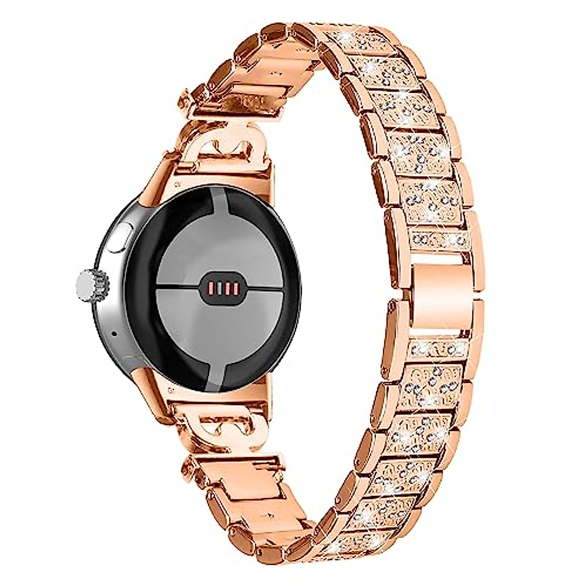 MVRYCE Compatible With Google Pixel 2022 WatchBand, Stainless Steel Watchband Bling Rhinestone Replacement Bracelet Adjustable Bands for Google Pixel SmartWatch 2022 Released (Rose Gold)