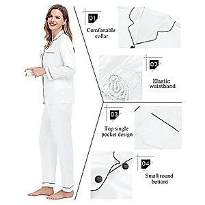 SWOMOG Women Silk Satin Pajamas Set Long Sleeve Ladies Satin PJ Sets Button Down Pajama Sleepwear Loungewear White