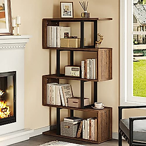 YITAHOME 5-Tier Bookshelf, S-Shaped Z-Shelf Bookshelves and Bookcase, Industrial Freestanding Multifunctional Decorative Storage Shelving for Living Room Home Office, Retro Brown