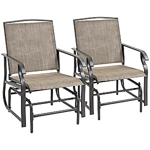 Outsunny 2 Piece Glider Set, Outdoor Swing Chairs, Patio Rocking Armchairs with Breathable Mesh Fabric, Steel Frame for Garden, Backyard, Patio, Dark, Brown/Khaki