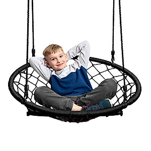 JumpOff Jo - Premium Round Web Swing Chair - 35" Diameter Indoor & Outdoor Saucer Swing for Kids & Adults, Heavy-Duty 300 lbs Capacity Hammock Chair Swing Easy Installation - Black