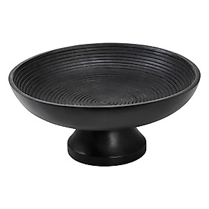 VHC Brands Ribbed Black Wooden Fruit Bowl 5.5x12x12, Kitchen Decor, Decorative Wooden Pedestal Bowl, Perfect Centerpiece for Table, Island, or Counter