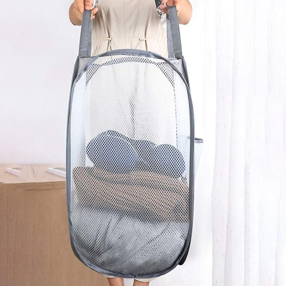 Smalibal Large Fine Mesh Laundry Basket, with Handles Laundry Hamper, Foldable Lightweight Basket, Collapsible Laundry Bag, Durable Clothing Storage, Freestanding Tall Clothes Hamper White