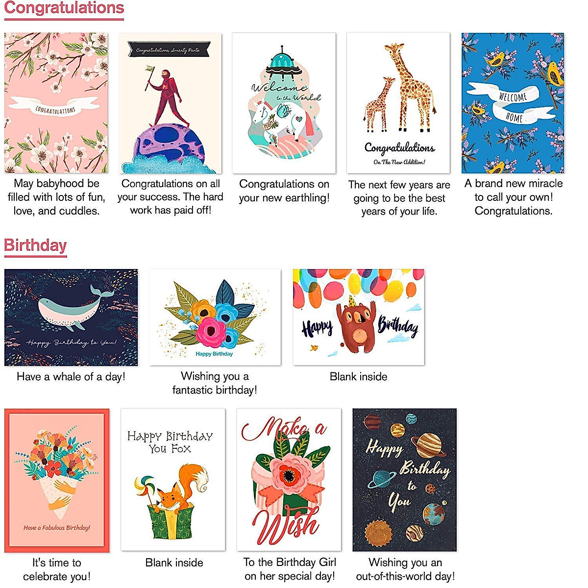 Fresh & Lucky 40 Greeting Cards Assortment Box all Occasion With White Envelopes - 4" x 6" Folded Thick Cards With Colorful, Funny Unique Designs