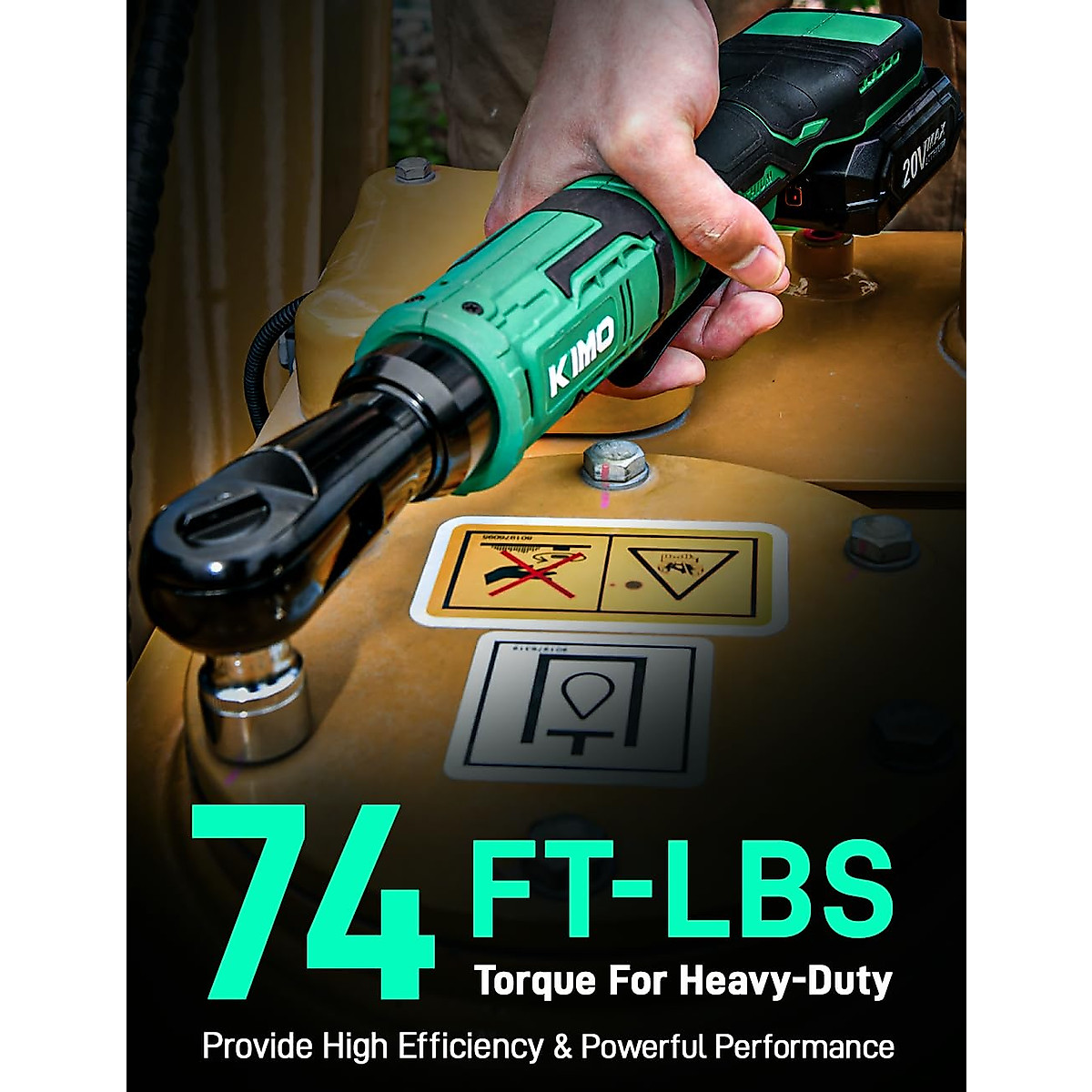 KIMO 20V Cordless Ratchet Wrench 1/2" Set, 74 Ft-lbs 400 RPM Electric Ratchet Wrench, Battery Powered Ratchet with 7 Sockets, 3" Extension Bar, 3/8" Adapter, 2-Pack Lithium-Ion Batteries, Fast Charger