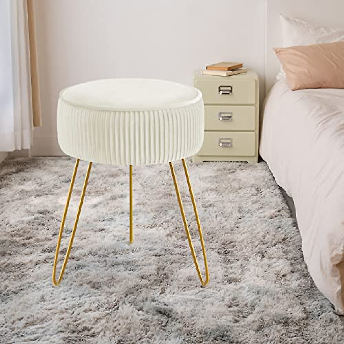 GERANT Multifunctional Vanity Stool,Modern Vanity Stools for Makeup Room,Velvet Round Ottoman Footrest Stool with Metal Legs, Upholstered Pleated Vanity Chair Stool for Living Room,Office(Beige)