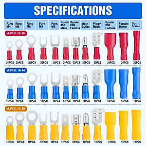 Nilight 540PCS Mixed Quick Disconnect Electrical Insulated Butt Bullet Spade Fork Ring Solderless Crimp Terminals 22-16/16-14/12-10 Gauge Electrical Wire Connectors Assortment Kit, 2 Years Warranty