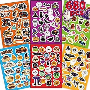 Halloween Stickers for Kids Adults 24 Sheets Cute Halloween Stickers Bulk Sheets for Treat Bags/Boxes/Gifts/Cards Halloween Adhesive Stickers for Teacher Classroom Halloween Party Favors for Kids