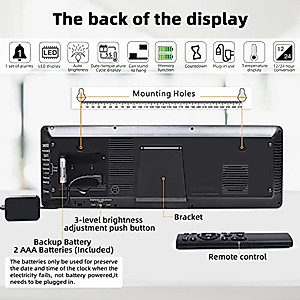 TXL Digital Wall Clock Large Display, 16.5" LED Wall Clock with Date and Temperature,Count Up/Down Timer Clock with Remote Control, Adjustable Brightness Alarm Clock for Home, Office, Gym, Elderly