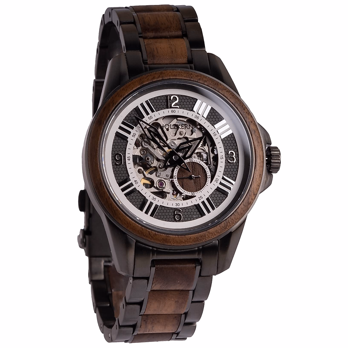 HOLZKERN Jemaa Men’s Watch, 43mm Silver Skeleton Dial, Brushed Stainless Steel Strap, Vintage Watch for Men