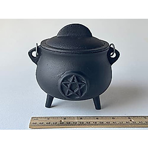 Pentagram Pentacle cast Iron Cauldron with lid and Handle, Witches Cauldron, Great for use with Charcoal Incense, Smudge Sage (Large 5.5 Inches)