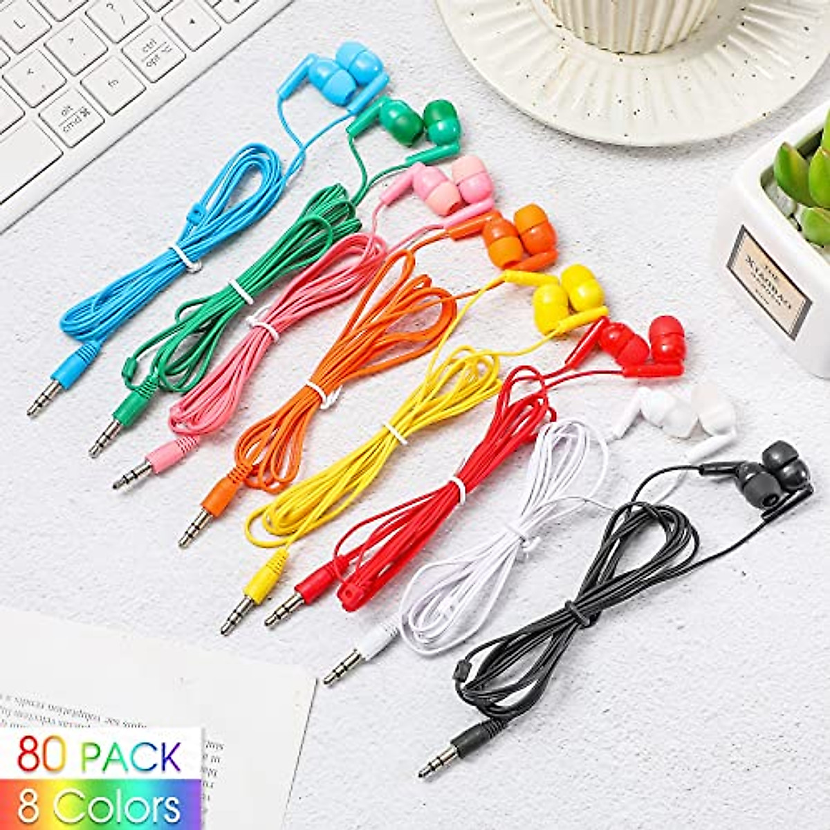 Yunsailing 80 Packs Multi Colored Bulk Earbuds for Classroom Individually Wrapped 3.5 mm in Ear Earphones with Wire for Android MP3 Students Adult Schools Hospitals Hotels Library Museums Gift