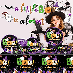 A Little Boo Is Almost Due Decorations-142Pcs Halloween Baby Shower Tableware Black Halloween Boo Plates and Napkins Set A little Baby Shower Party Supplies