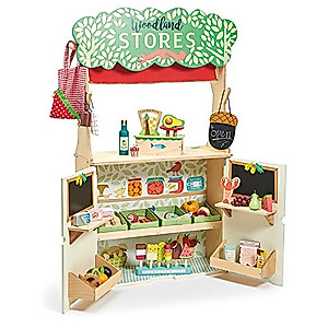 Tender Leaf Toys Woodland Store and Puppet Theater – 2 Sided Reversible Grocery Stand and Hand Puppeteer Stage - Social, Creative, and Imaginative Development – Expressive Role Play – Ages 3 Years +