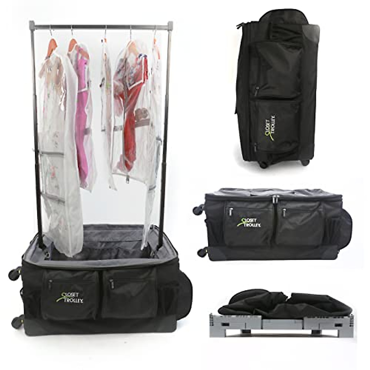 Closet Trolley Collapsible Rolling Dance Bag w/No-Lean Garment Rack - BLACK