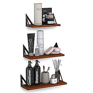 Halter Wall Book Shelves for Bedroom, Small Wall Shelf, Mounted Floating Wall Shelving, Hanging Shelves with Angle Brackets, Wall Shelves for Bedroom, Bathroom, Kitchen, Dark Brown,Set of 3