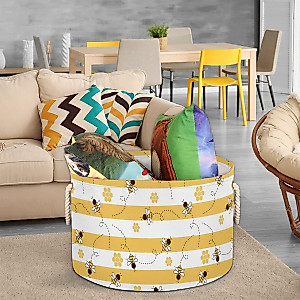 Bee Large Round Storage Bin Basket, Honeycomb Stripe Bee Decor Foldable Clothes Bag Folding Washing Bin Collapsible Fabric Laundry Hamper with Handle for Toys Stuffed Blanket Closet Bedroom Nursery