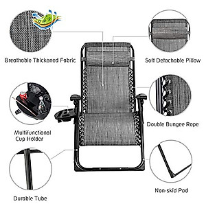 Goplus Zero Gravity Chairs, X-Large Outdoor Lounge Lawn Chair with Cup Holder & Detachable Headrest, Adjustable Folding Patio Recliner for Pool Porch Deck Oversize (Gray)
