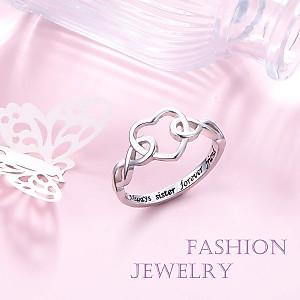Yearace 925 Sterling Silver Engraved Always Sister Forever Friend Heart Infinity Love Knot Ring for Sister Women Siblings Birthday Gift, Size 7