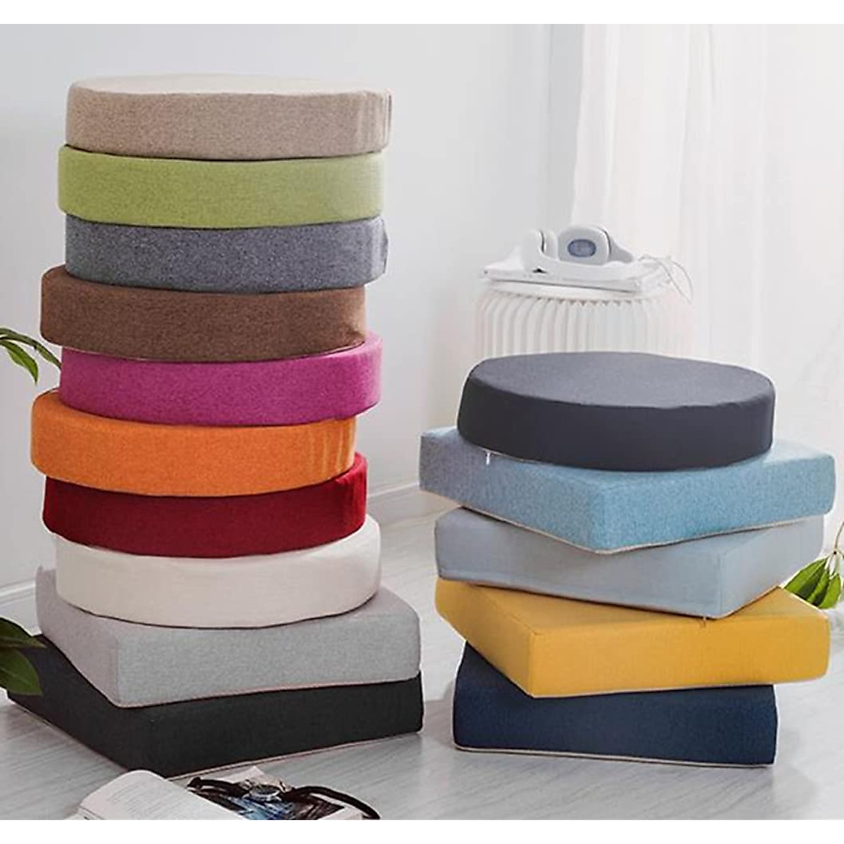 XIOU Thickened Bay Window Seat Pads, Soft Square/Round Chair Seat Cushion, Tatami Floor Linen Cushion, for Living Room, Dinning Room Chair (Round, Black,17.7x1.9in)