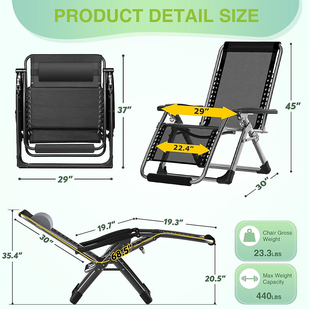 Suteck Zero Gravity Chair, XL 29in Lounge Chair Anti Gravity Chair w/Removable Cushion, Reclining Patio Chairs with Upgraded Lock, Pillow and Footrest, Folding Patio Recliner for Indoor Outdoor