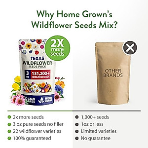 HOME GROWN 130,000+ Pure Wildflower Seeds - Premium Texas Flower Seeds [3 Oz] Perennial Garden Seeds for Birds & Butterflies - Wild Flowers Bulk Seeds Perennial: 22 Varieties Flower Seed for Planting