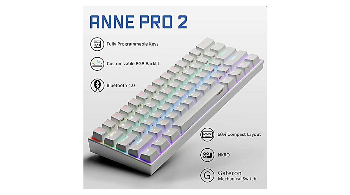 Anne PRO 2D, 60% Wired/Wireless Mechanical Keyboard (Gateron Brown Switch/White Case) - Full ...