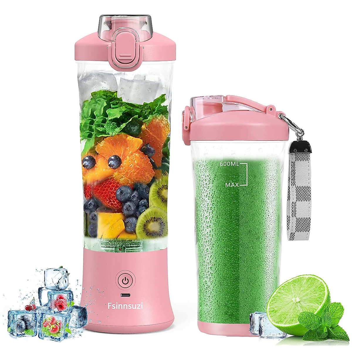 Fsinnsuzi Portable Blender, Personal Size Blender for Shakes and Smoothies with 6 Blades, 20 Oz Mini Blender Cup with Travel Lid and USB Rechargeable for Office, Gym, Kitchen (Pink)
